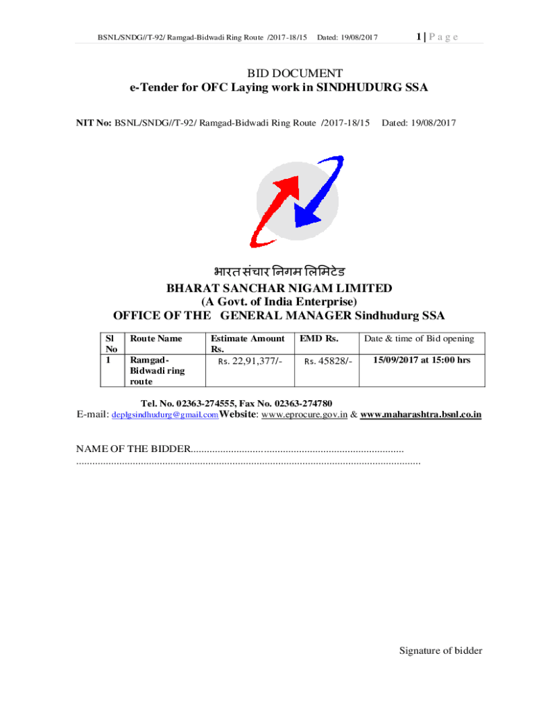 Fillable Online BID DOCUMENT e-Tender for OFC Laying work in ... Fax ...