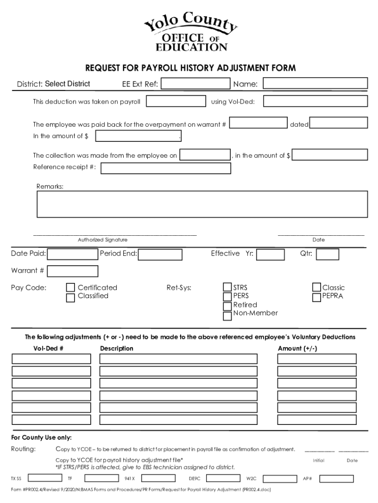 Fillable Online REQUEST FOR PAYROLL HISTORY ADJUSTMENT FORM Fax Email ...