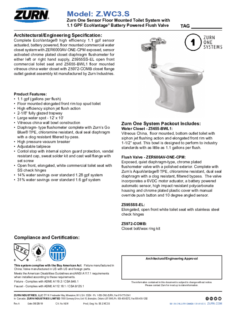 Flush Valve Zurn One Manual Urinal System With 0.5 GPF - Complete ...