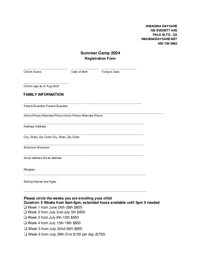 Fillable Online SUMMER CAMP (Ages 3 1/2 and up) For potty trained kids Fax Email Print - pdfFiller