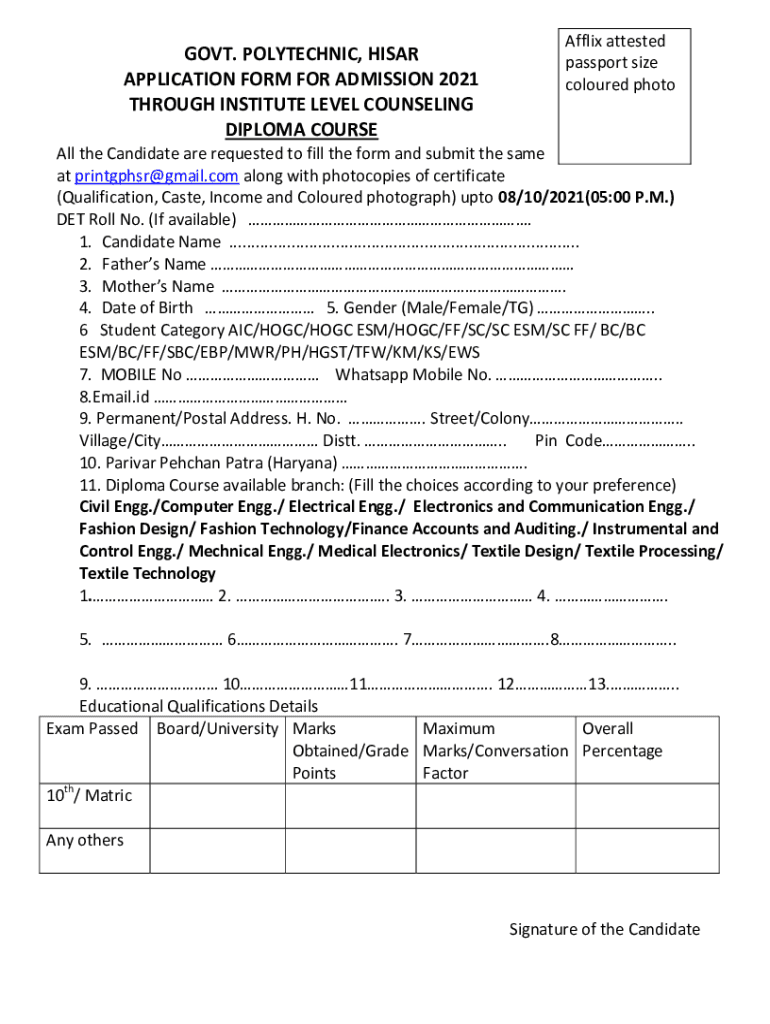 Fillable Online Important Instructions Diploma Institute List Branches ...