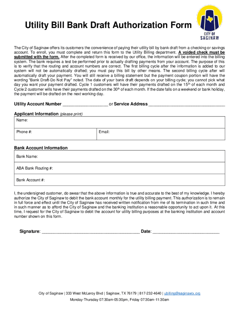 Fillable Online Utility Bill Bank Draft Authorization Form Fax Email ...