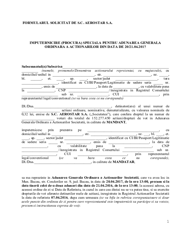 Fillable Online ORDINARA A ACTIONARILOR DIN DATA DE 20/21 Fax Email ...