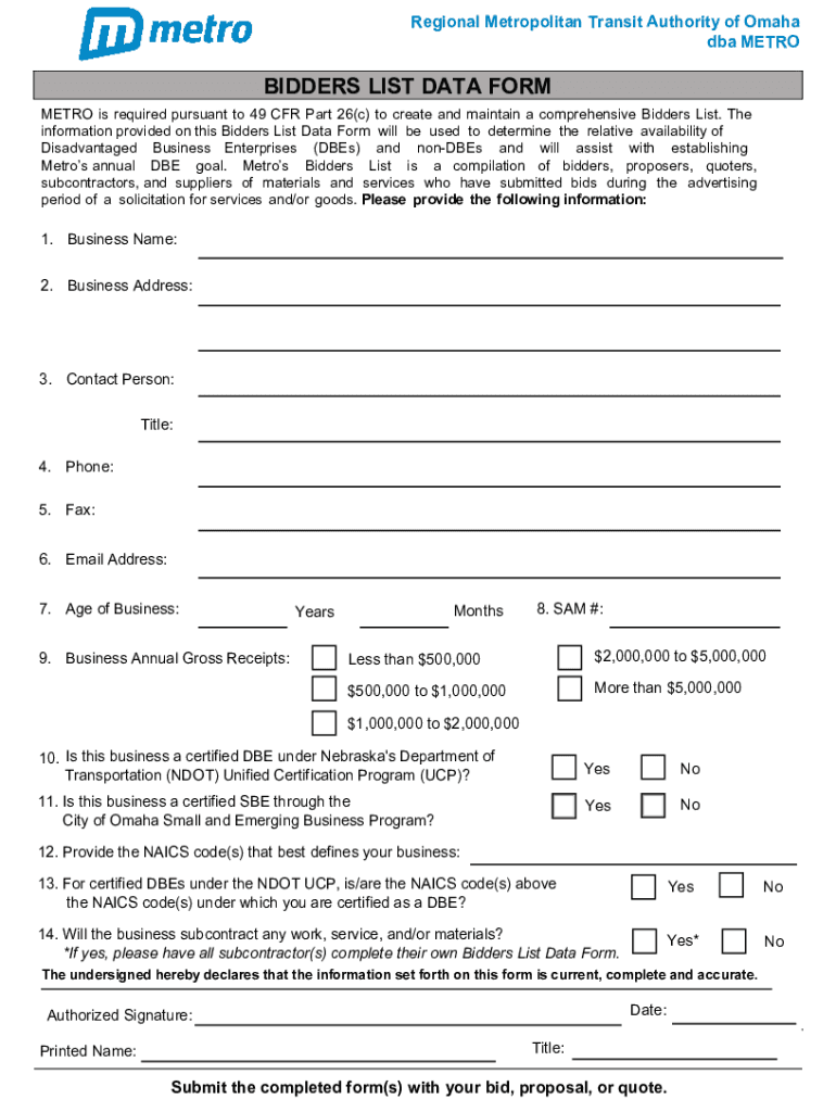 Fillable Online BIDDERS LIST DATA FORM Fax Email Print - pdfFiller