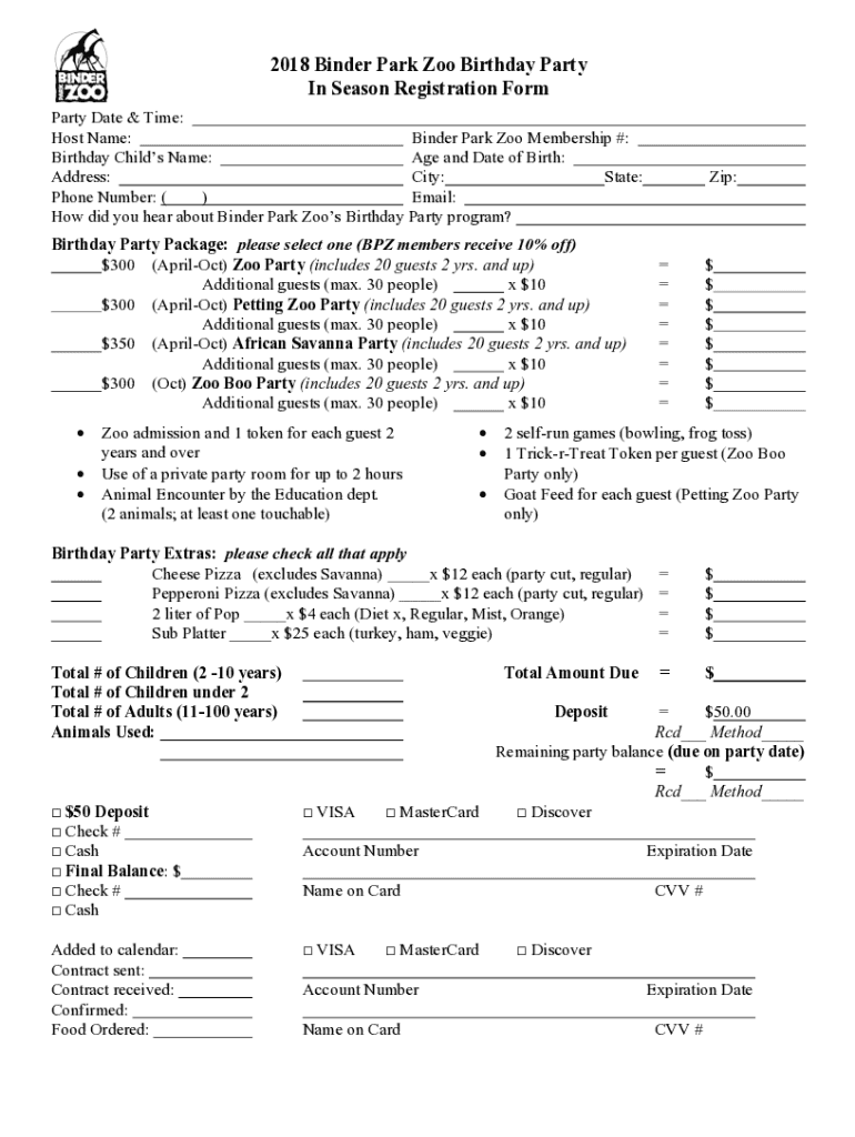 Fillable Online 2018 Binder Park Zoo Birthday Party In Season ...