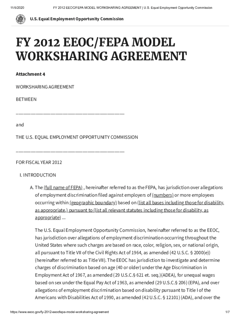 Fillable Online FY 2012 EEOC/FEPA MODEL WORKSHARING AGREEMENT U Fax Email Print - pdfFiller