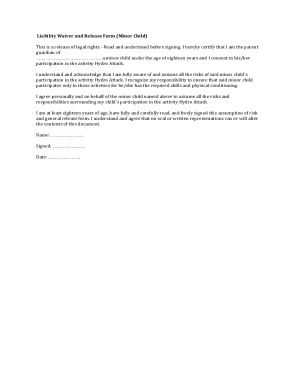 Fillable Online Copy of Liability Waiver and Release Form (Minor Child ...