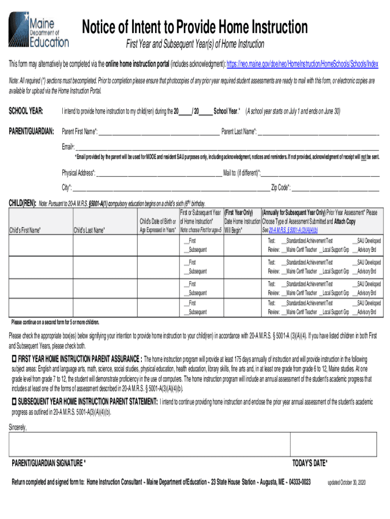 Fillable Online Maine intent to homeschool form: Fill out & sign online ...