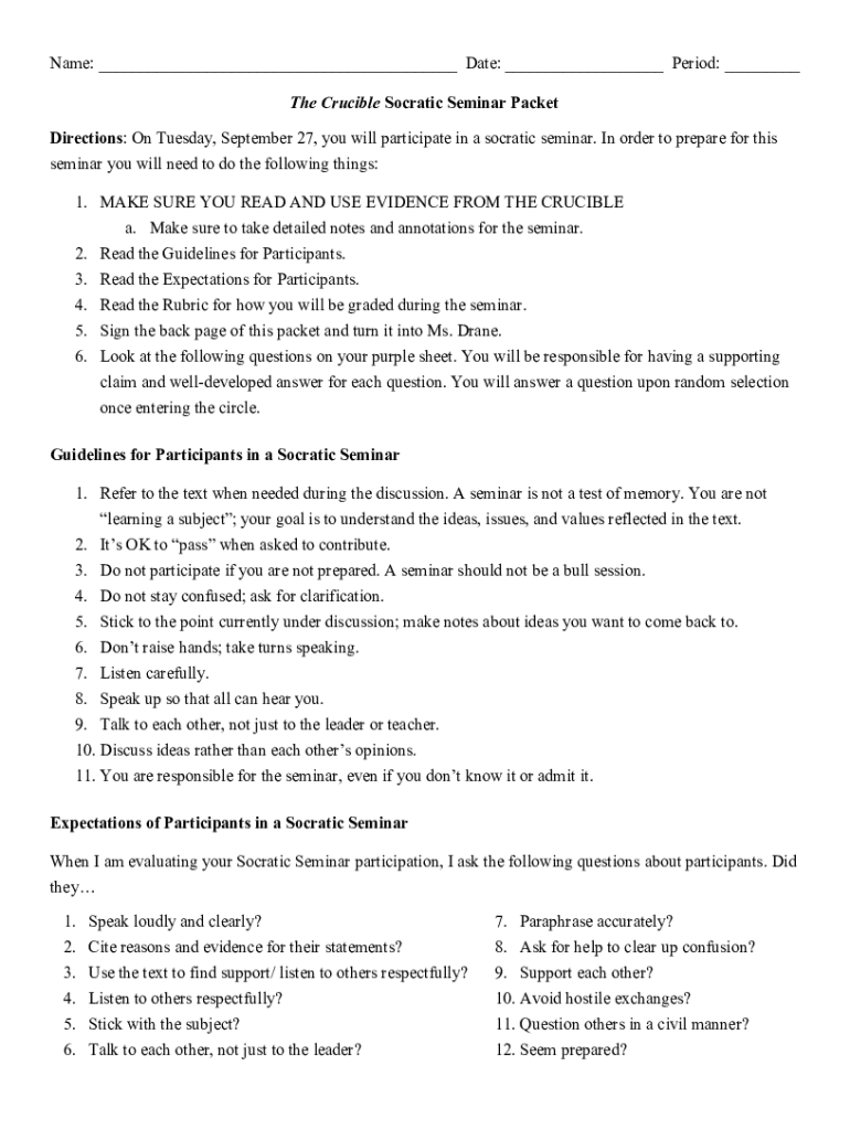 Fillable Online The Crucible: Socratic Seminar Prep for Graded ...