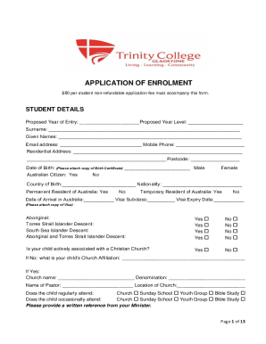Fillable Online trinitygladstone qld edu APPLICATION OF ENROLMENT ...
