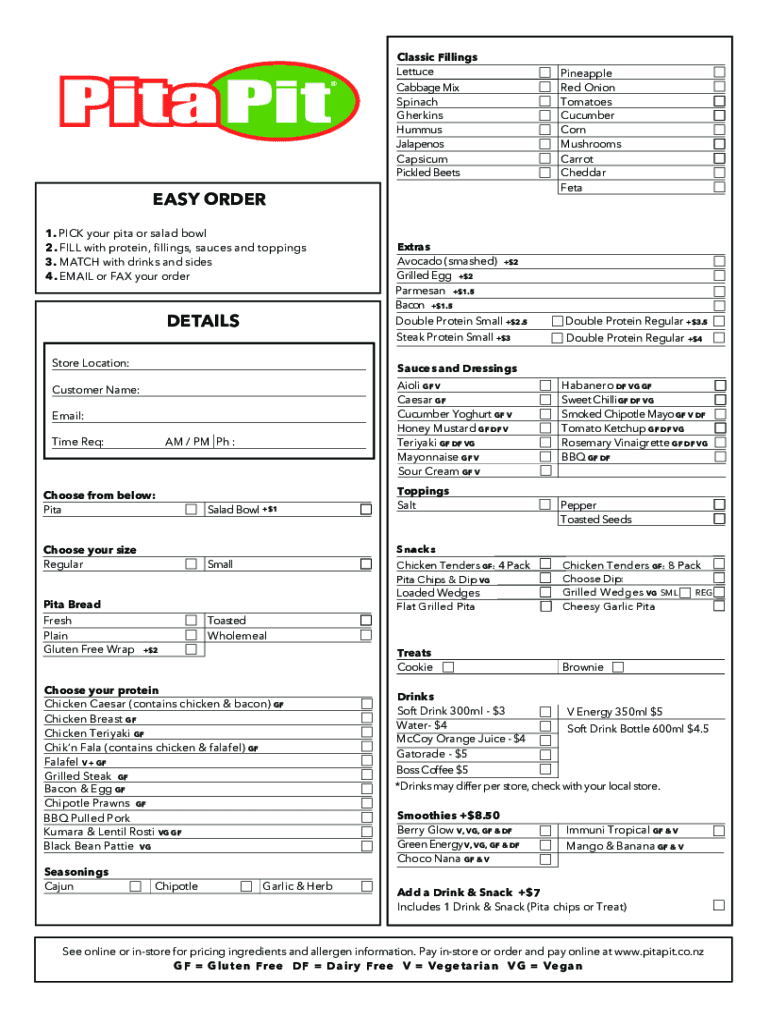 Pita Pit Order Form - Blank Fillable Template | Fill Out, Print ...