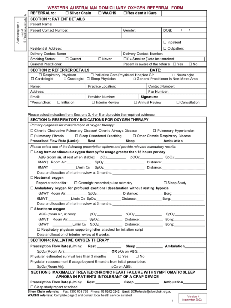 Fillable Online WESTERN AUSTRALIAN DOMICILIARY OXYGEN REFERRAL FORM Fax ...