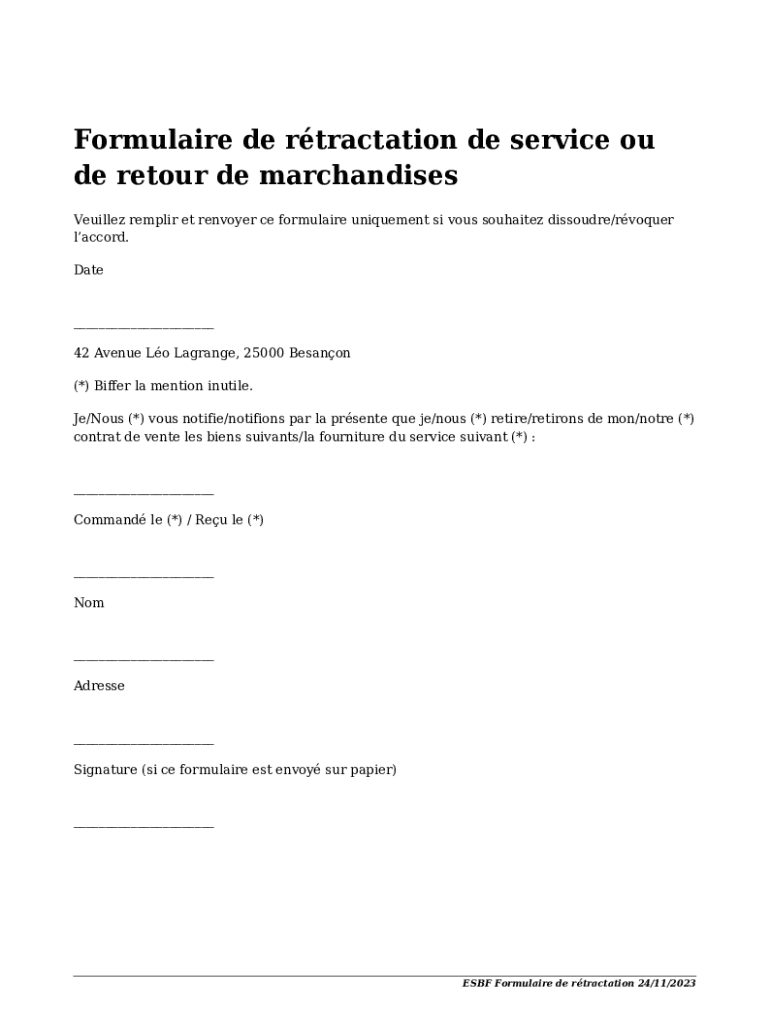 Remplissable En Ligne Modle de formulaire de rtractation - Char-Broil Fax Email Imprimer - pdfFiller