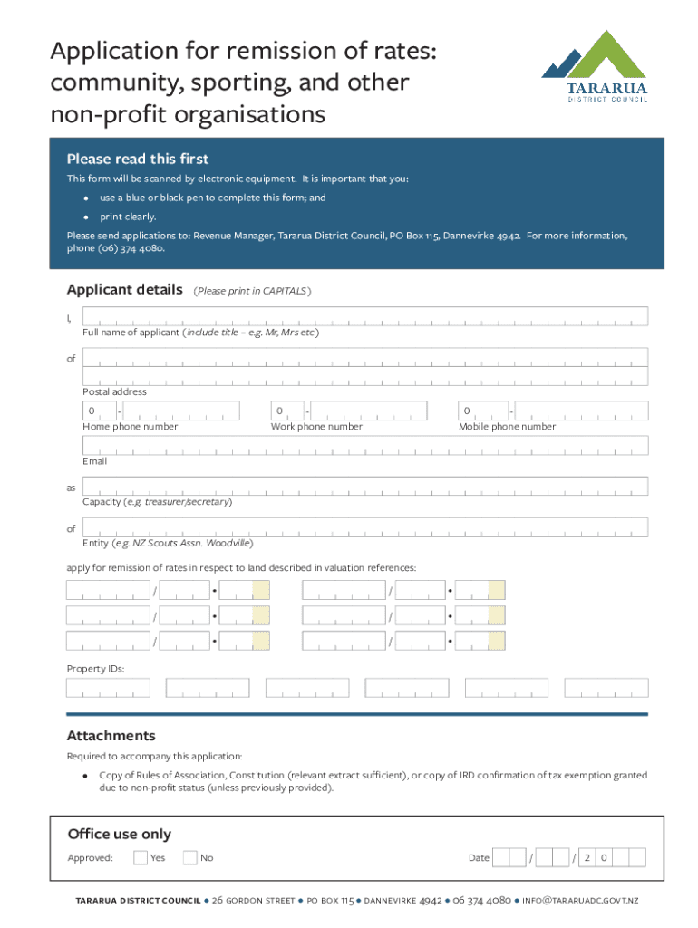 Fillable Online Application for Rates Remisiion - Community, Sporting ...
