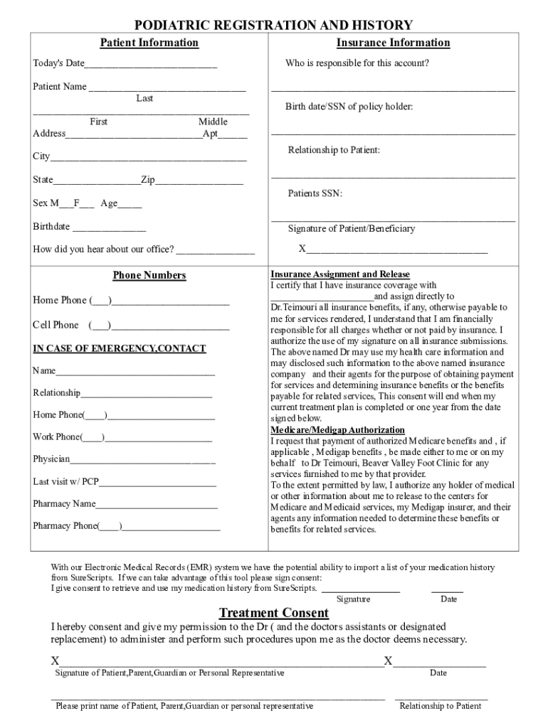 Fillable Online PODIATRIC REGISTRATION AND HISTORY Treatment ... Fax ...