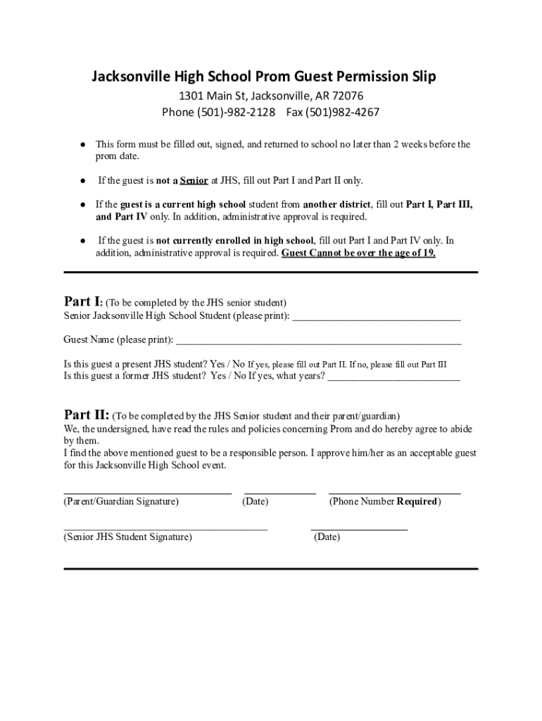 Fillable Online Jacksonville High School Prom Guest Permission for ...