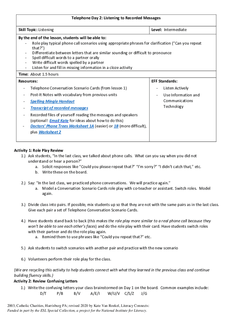 Fillable Online Telephone Day 2: Listening to Recorded Messages Fax ...