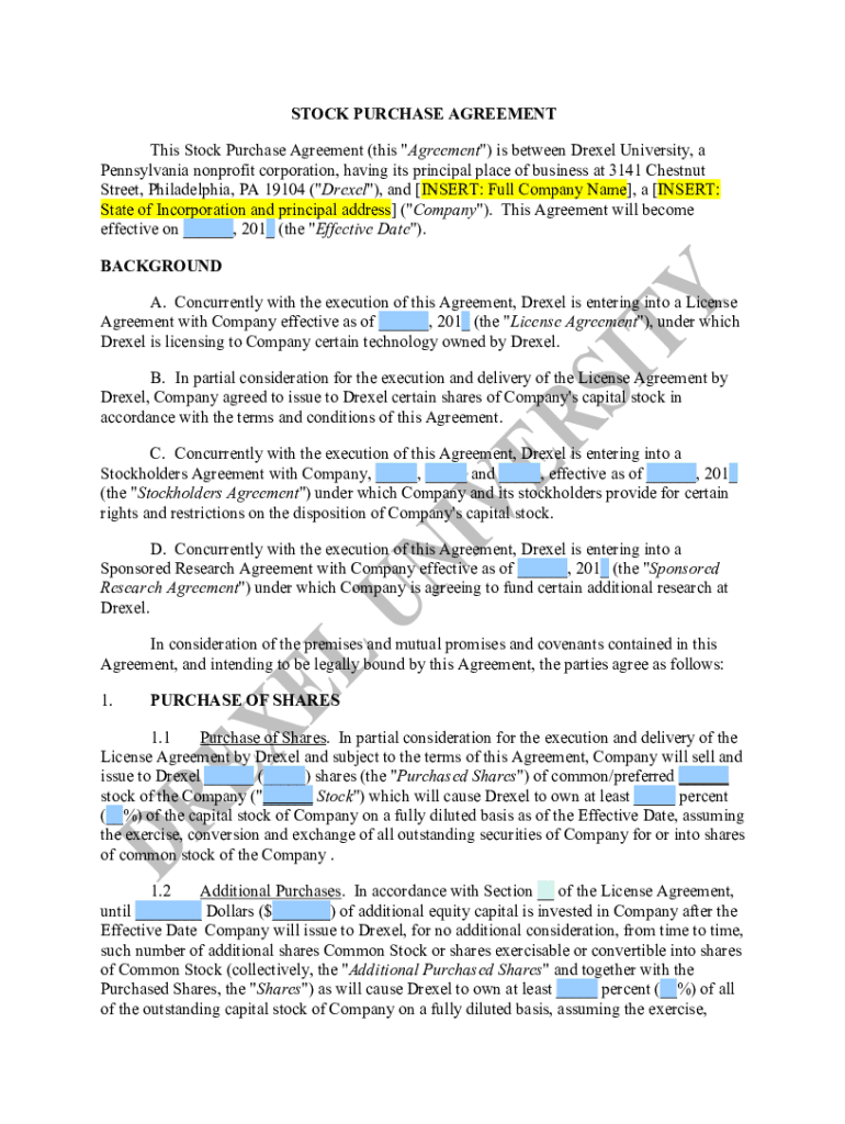 Fillable Online stock purchase agreement pdf Forms and Templates Fax ...