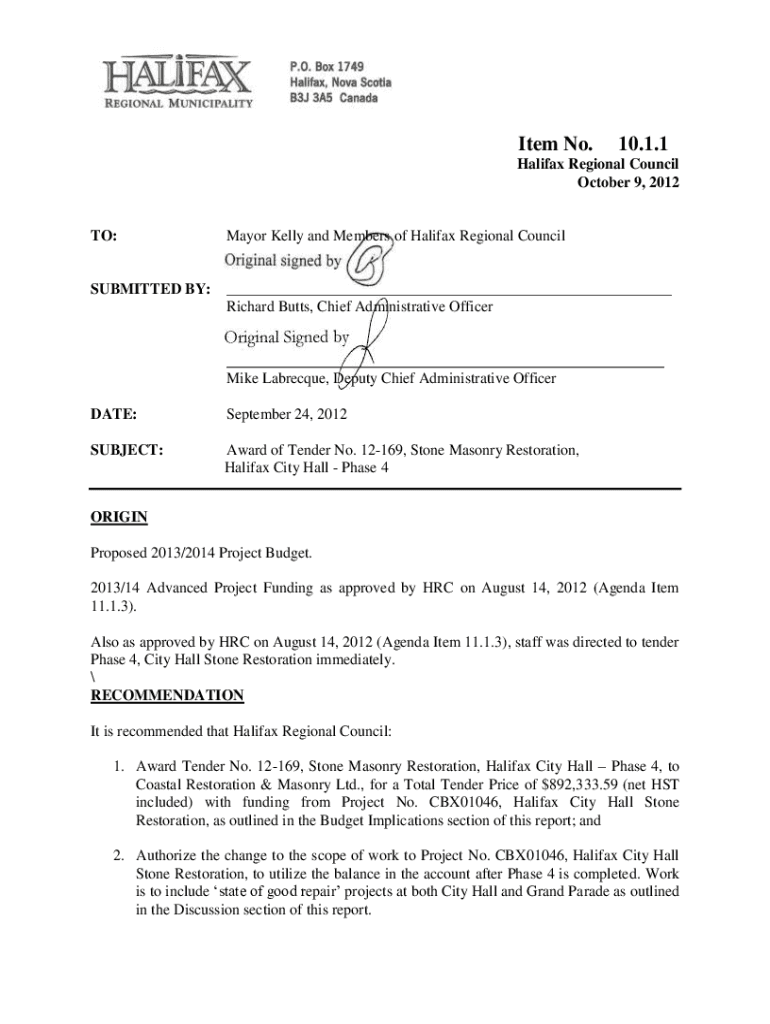 Fillable Online Tender 12-169Stone Masonry Restoration, Halifax City ...