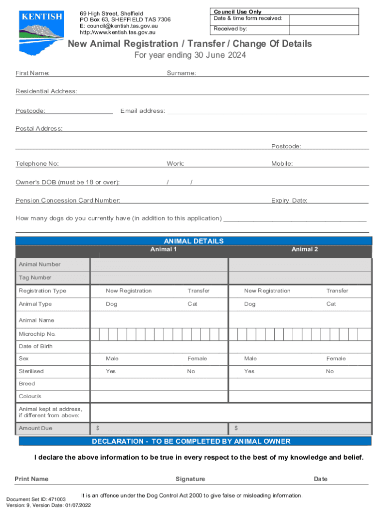Fillable Online ECM471003v9K-REGFRM001 - Kentish Council New Dog ...
