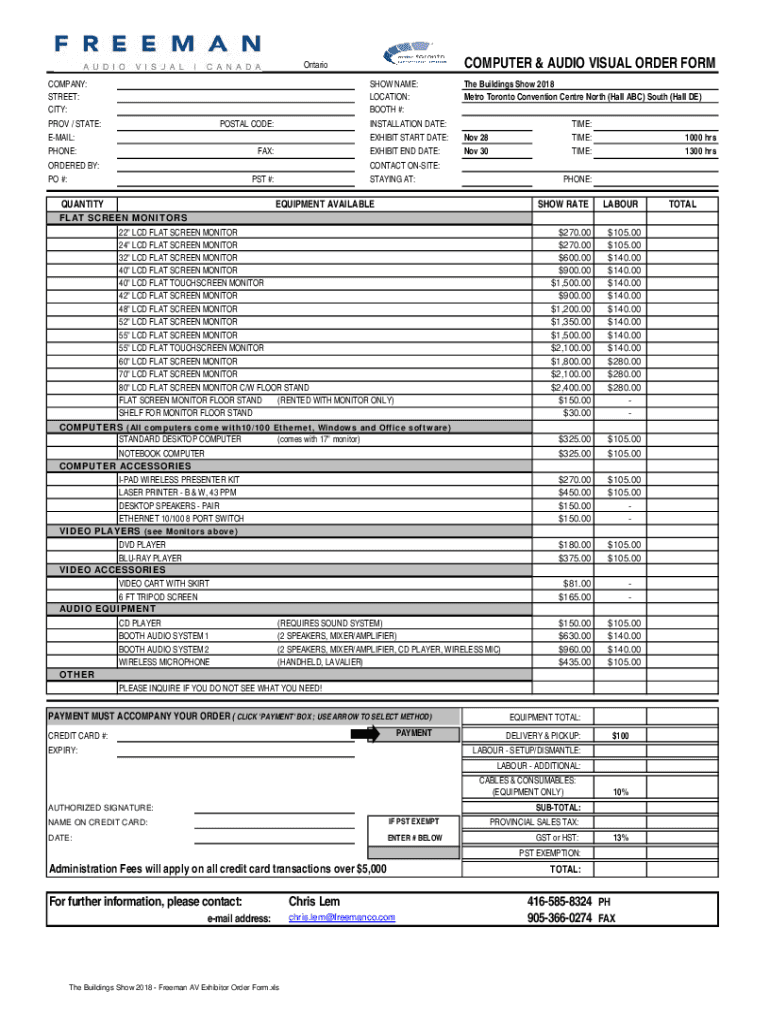 Fillable Online The Buildings Show 2018 - Freeman AV Exhibitor Order ...
