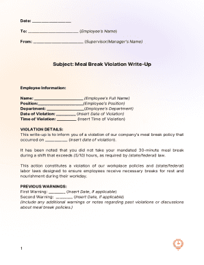 Fillable Online Meal Break Violation Write-up Template Fax Email Print ...
