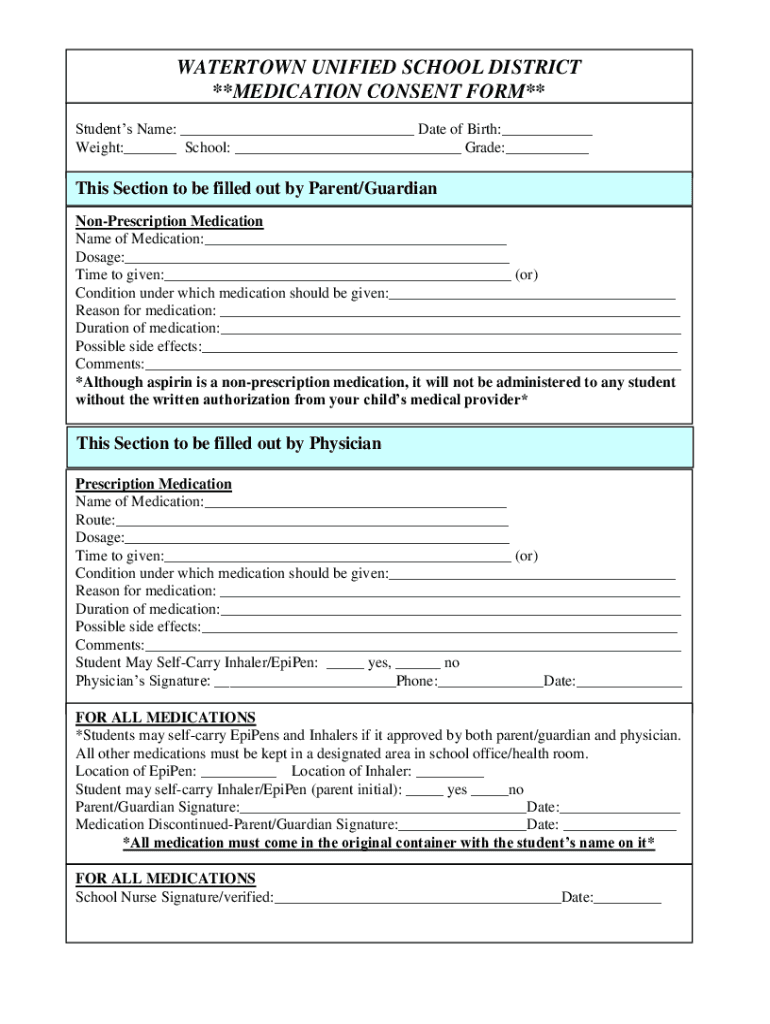 Fillable Online School Medication Administration Consent and Licensed ...
