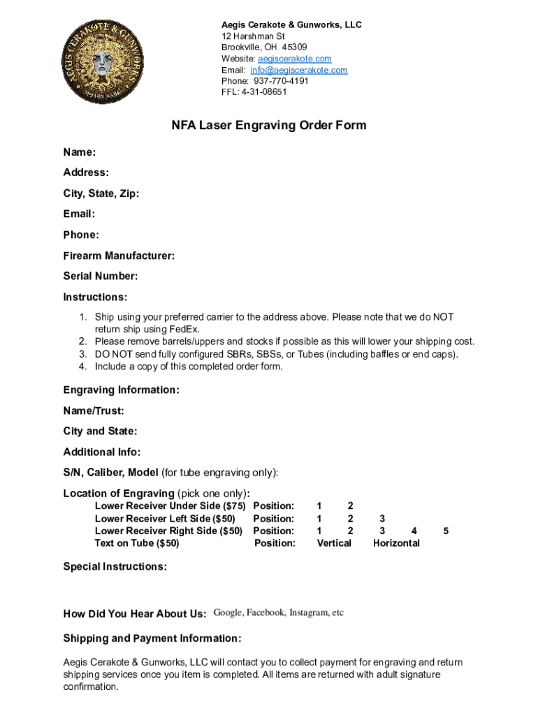 Fillable Online NFA Laser Engraving Order Form Fax Email Print - pdfFiller