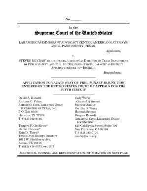 Fillable Online APPLICATION TO VACATE STAY OF PRELIMINARY ... Fax Email Print - pdfFiller