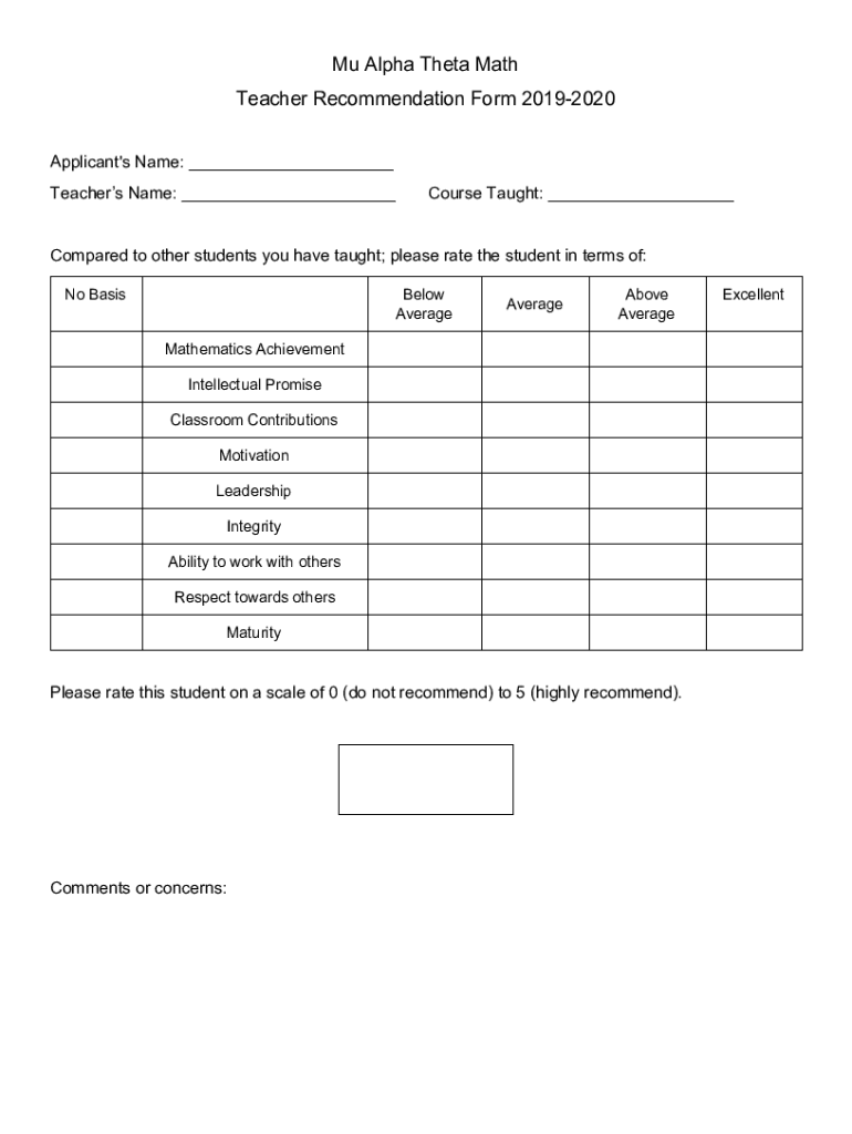 Fillable Online Mu Alpha Theta Math Teacher Recommendation Form ... Fax ...