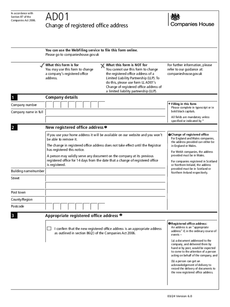 Fillable Online AD01. You may use this form to change a companys ...