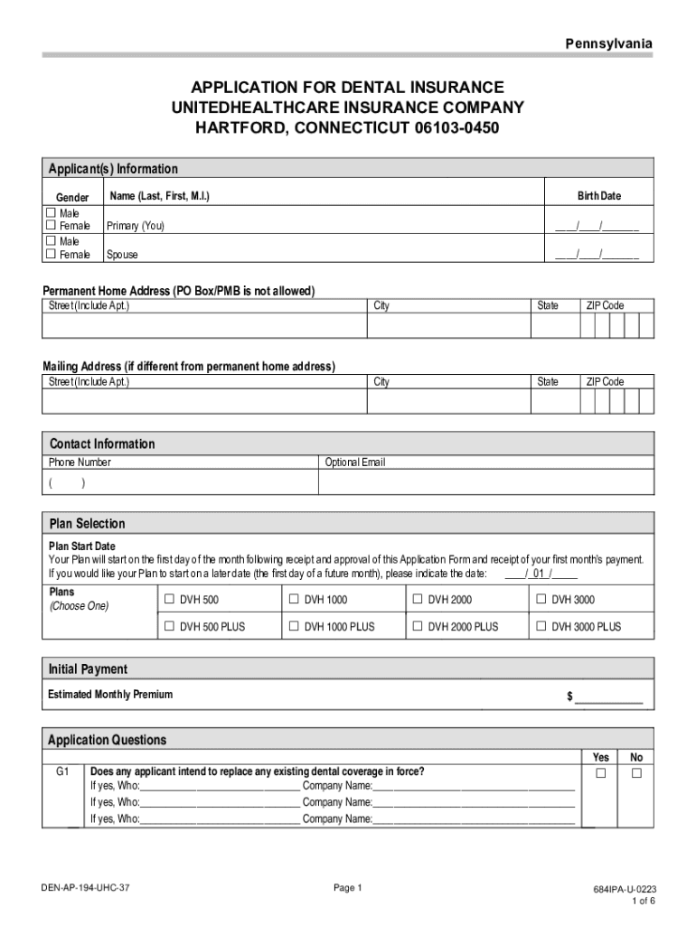 Fillable Online application for dental insurance unitedhealthcare ...