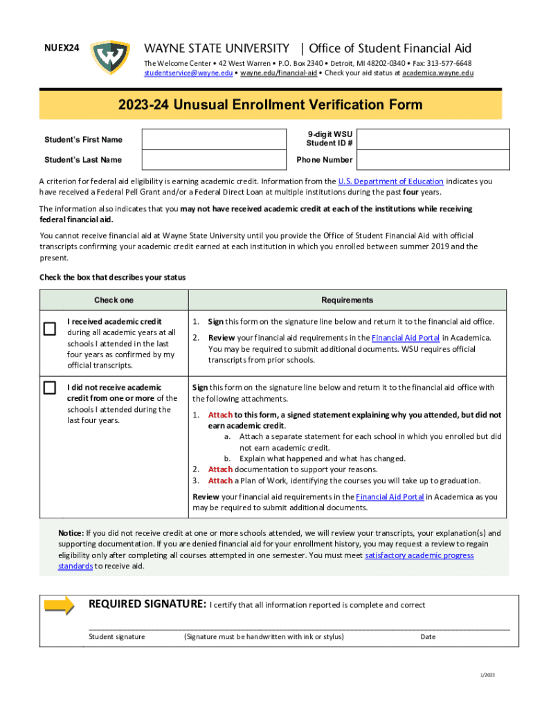 Fillable Online 2023-24 Unusual Enrollment Verification Form. FAFSA Fax ...