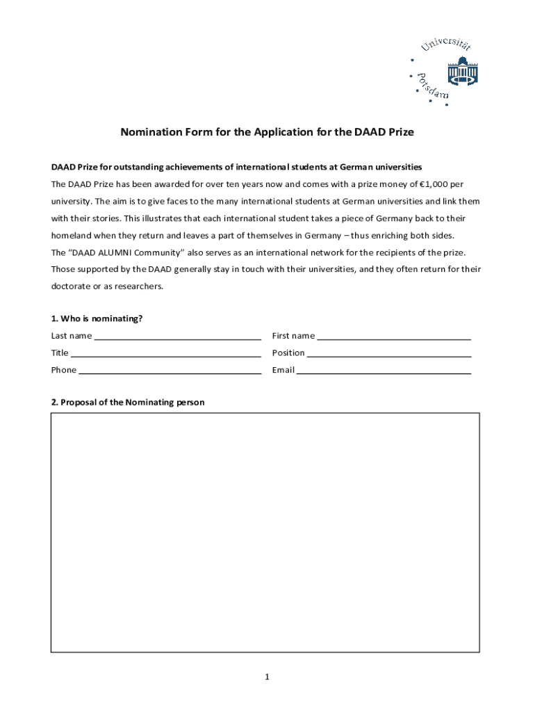 Fillable Online Nomination Form for the Application for the DAAD Prize ...