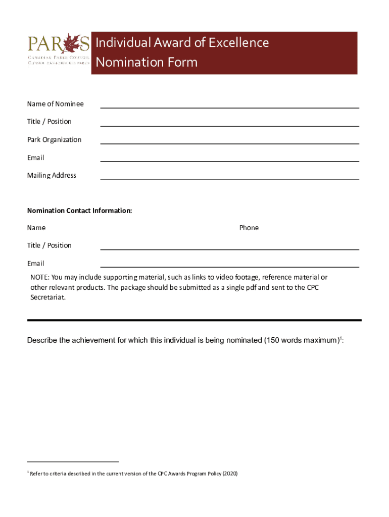 Fillable Online EN CPC Individual Award of Excellence Nomination Form.docx Fax Email Print ...