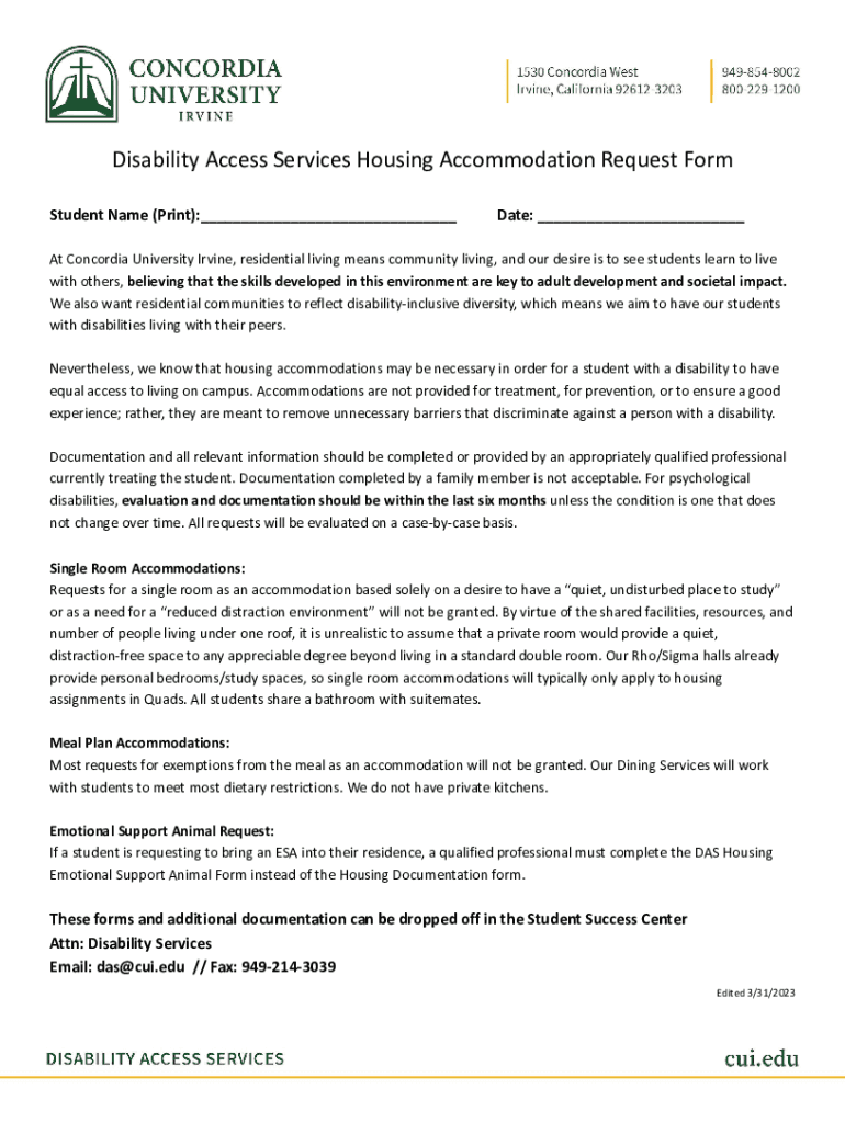 Fillable Online Disability Access Services Housing Accommodation Request Form Fax Email Print ...