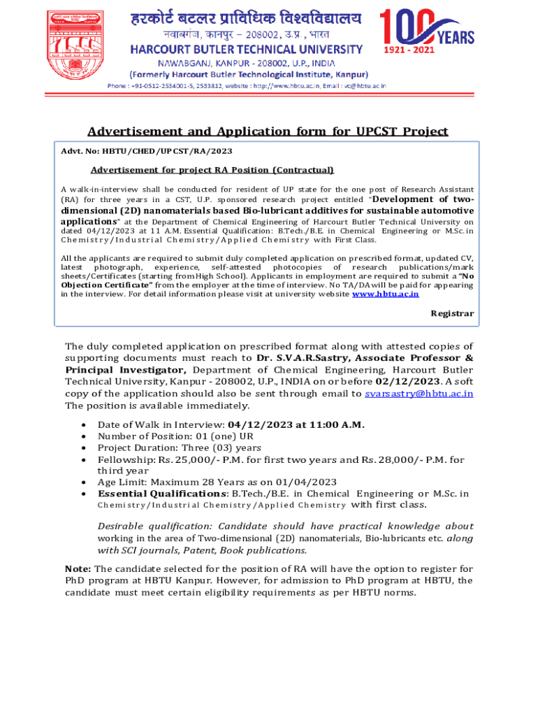 Fillable Online Advertisement and Application form for UPCST Project ...