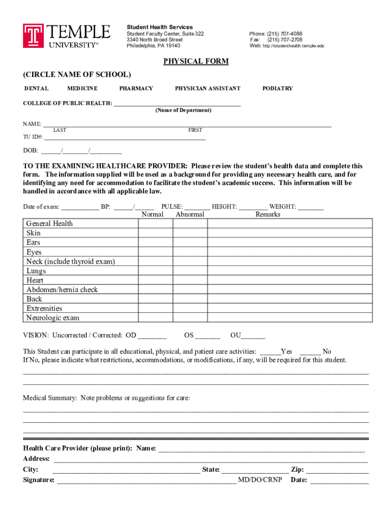 2024 Temple University Physical Form Fill Online, Printable, Fillable ...