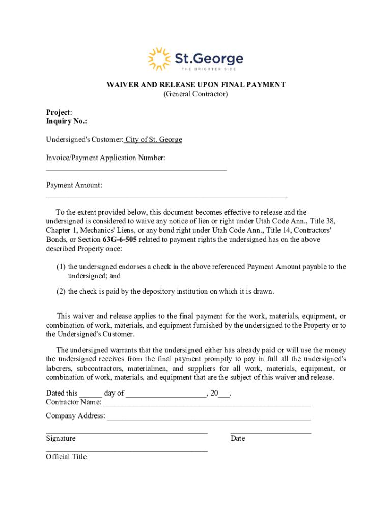 Fillable Online Unconditional Waiver And Release On Final Payment ...