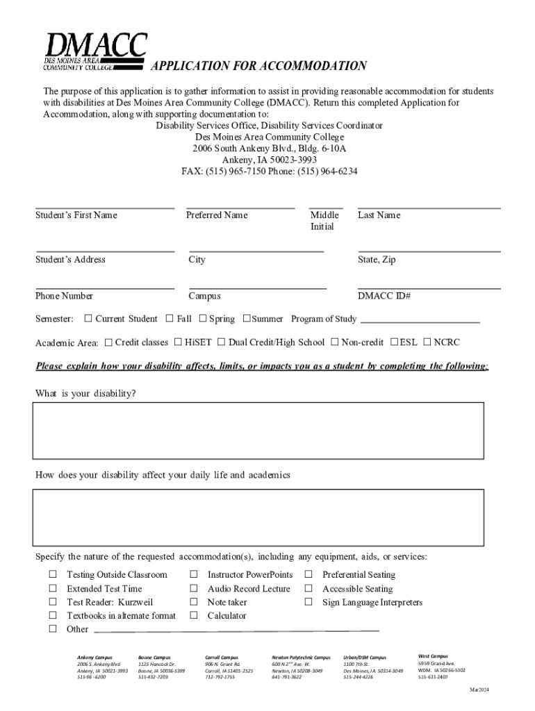 Fillable Online DMACC Disability Services Accommodation Information Fax ...