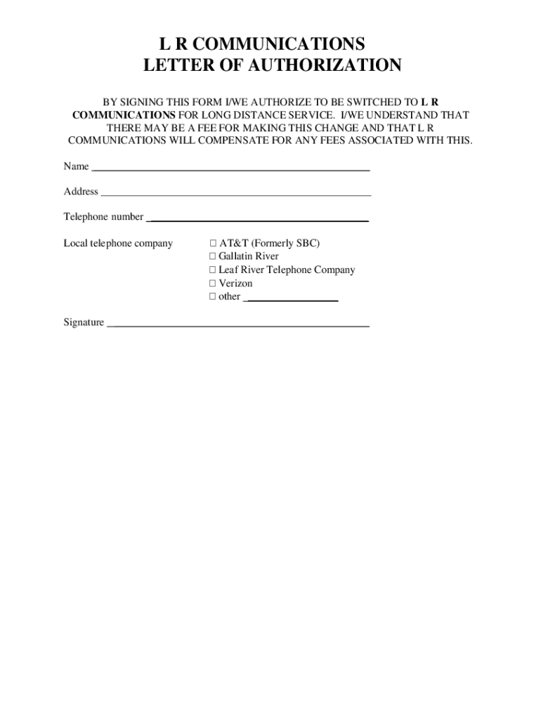 Fillable Online L R COMMUNICATIONS LETTER OF AUTHORIZATION Fax Email ...
