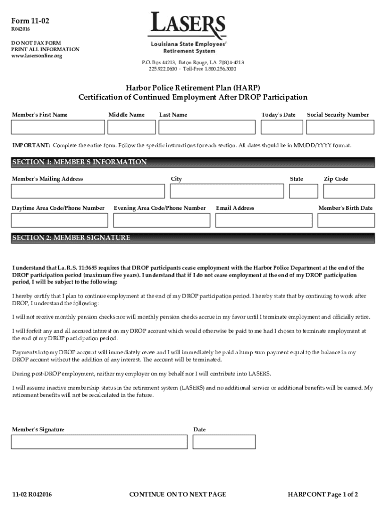 Fillable Online Harbor Police Retirement Plan (HARP) Certification of ...