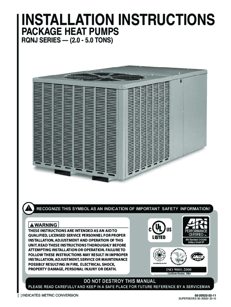 Fillable Online installation instructions - package heat pumps ... Fax ...