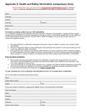 Fillable Online Appendix 2: Health and Safety Declaration (compulsory ...