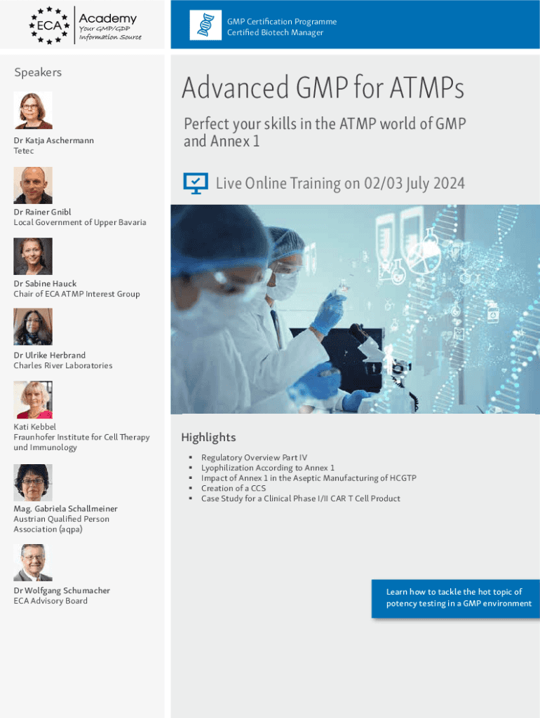 Fillable Online Advanced GMP for ATMPs - Live Online Training Fax Email Print - pdfFiller