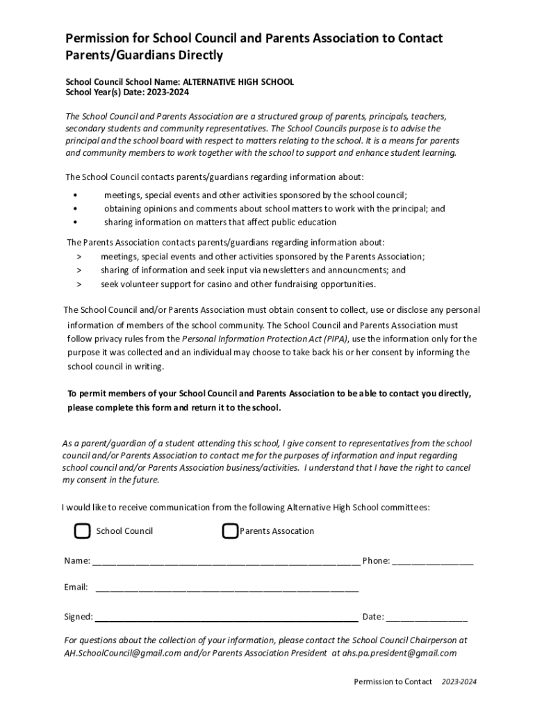 Fillable Online Permission for School Council and Parents Association ...