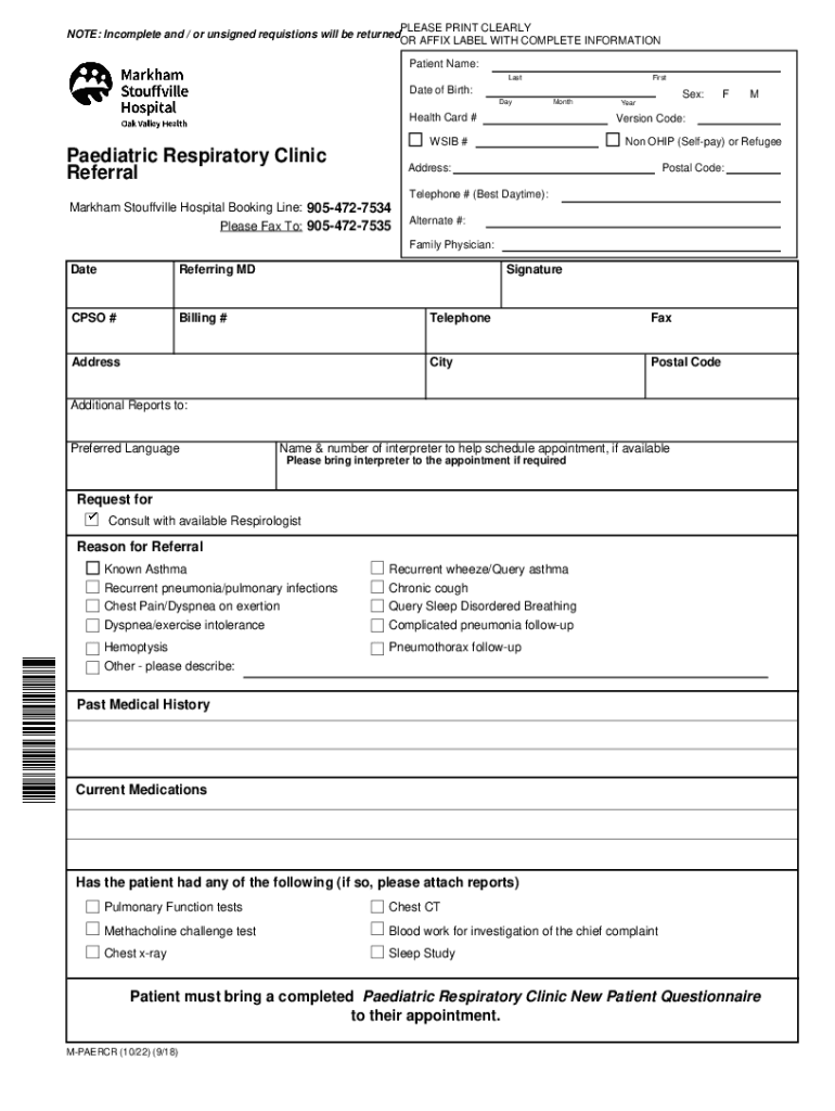 Fillable Online Paediatric Respiratory Clinic Referral Fax Email Print ...