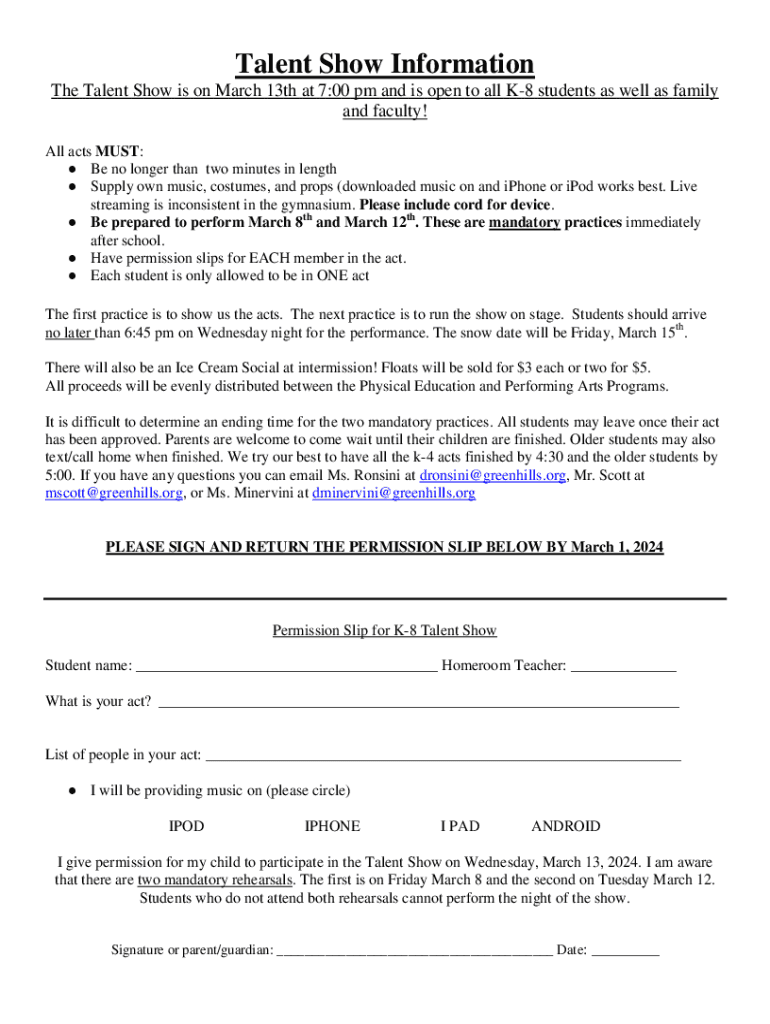 Fillable Online TALENT SHOW INFO SHEET - Annieville Elementary Fax ...