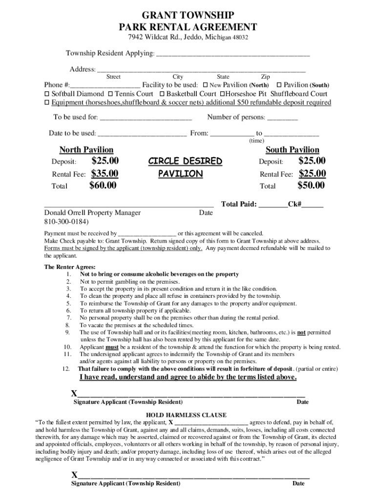 Fillable Online Park Rental Agreement - Grant Township Fax Email Print ...