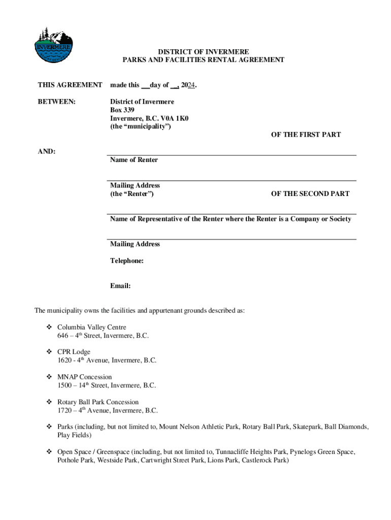 Fillable Online facility-rental-agreement-district-of-invermere ...